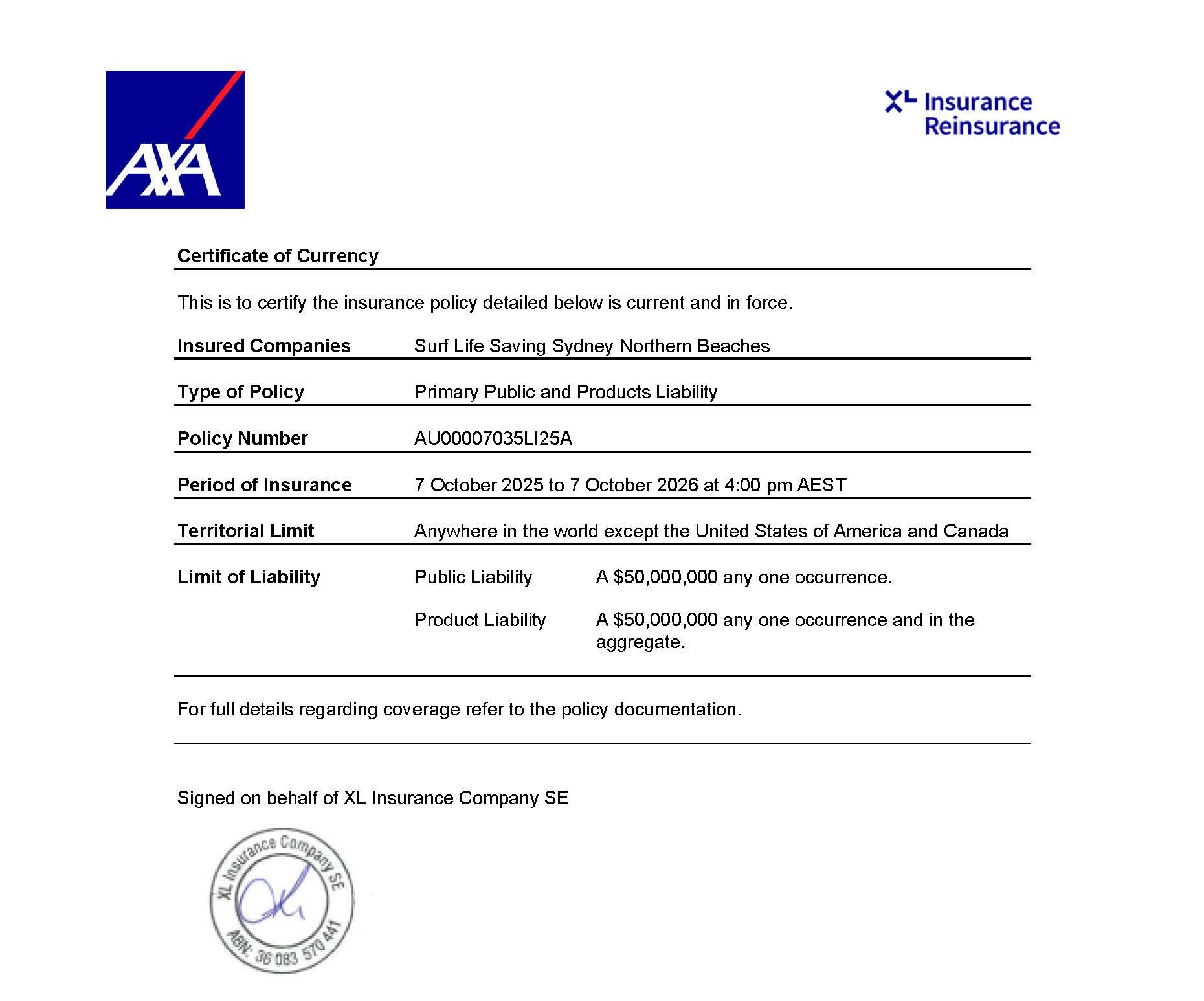 Certificate of Currency - Surf Life Saving - Sydney Northern Beaches