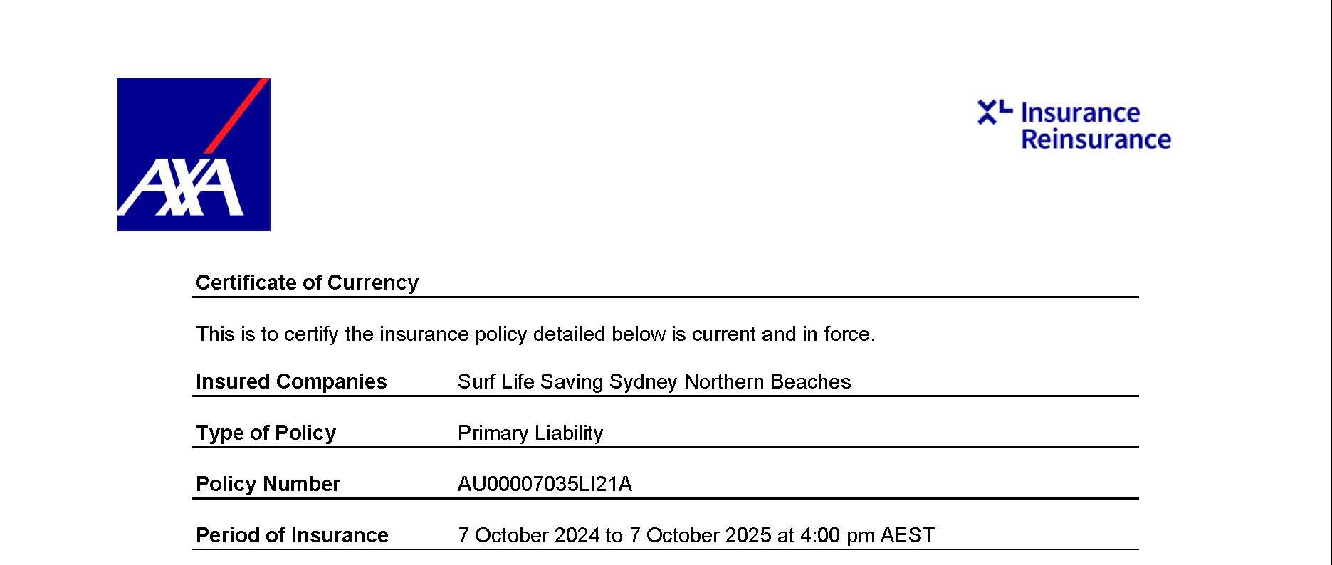 Certificate of Currency - Surf Life Saving - Sydney Northern Beaches
